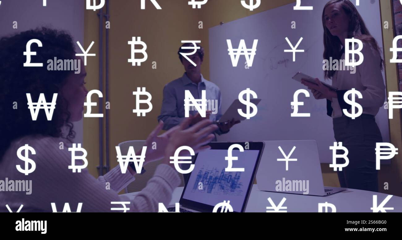 Image of currency symbols and data processing over diverse business ...