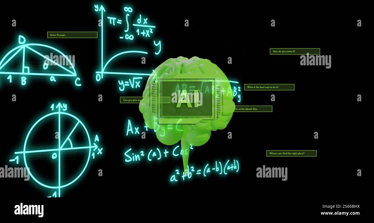 Mathematical equations and graphs over green brain image, representing ...