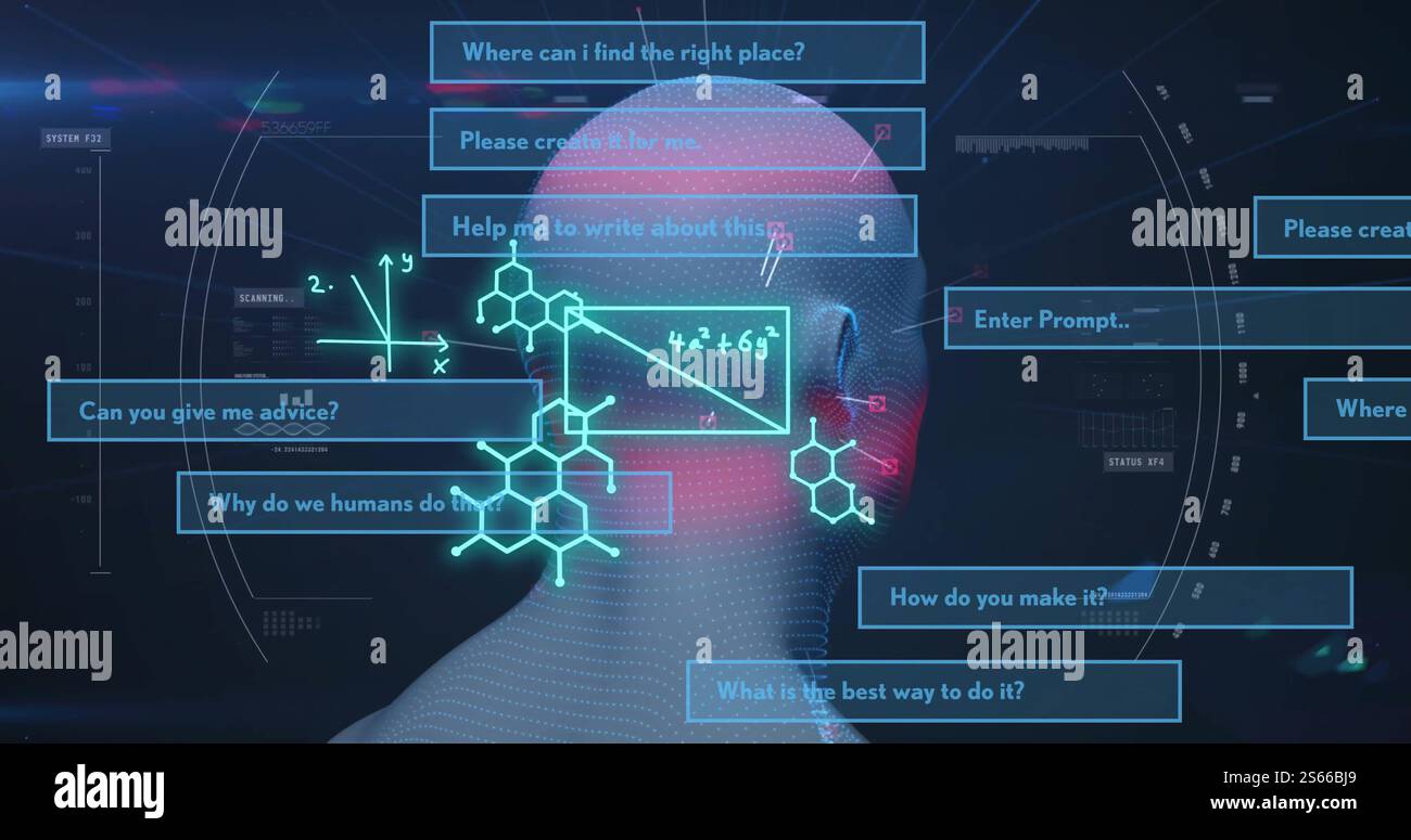 Scientific formulas and questions over image of human head and ...