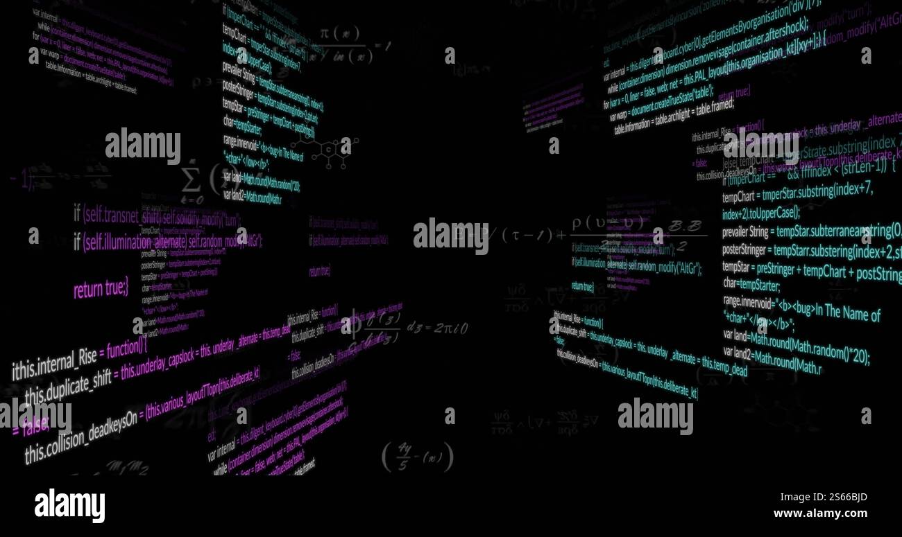 Image of processing text data and mathematical equations on black ...