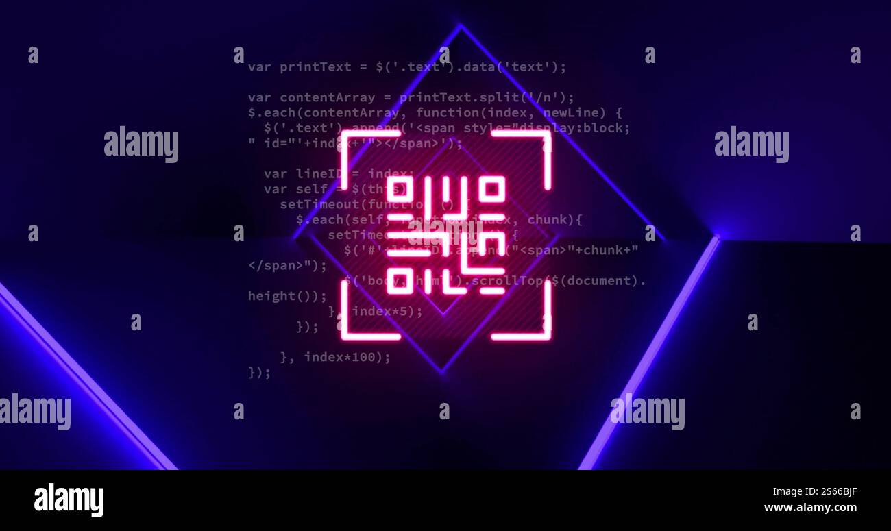 Image of processing data over pink neon qr code and blue light beams on ...