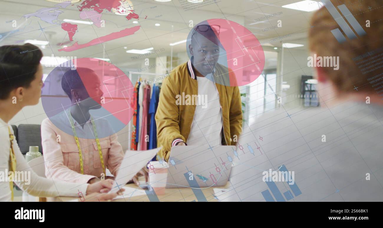 Image of data processing and diagrams over diverse colleagues ...