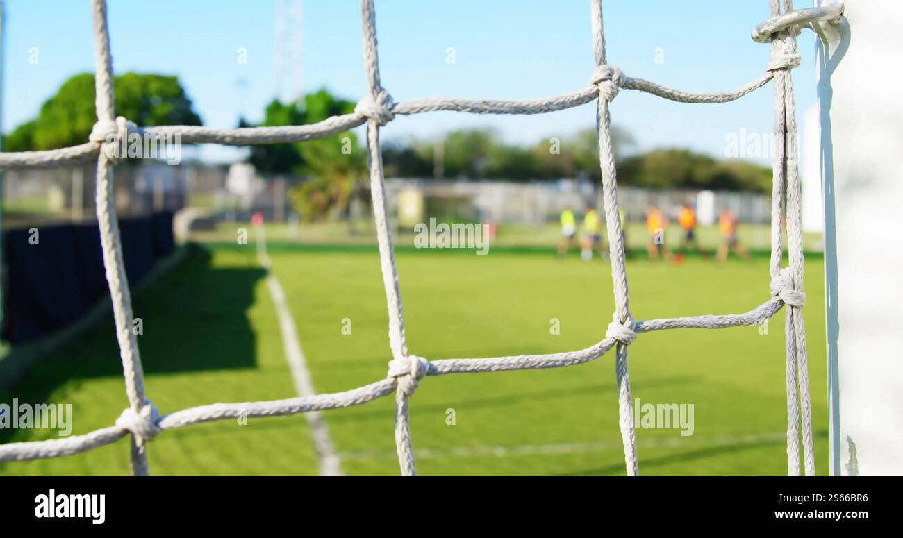 Image of social media notifications processing over football goal and ...