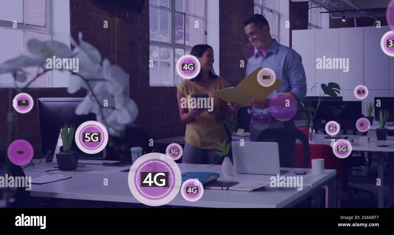 Image of network of 5g text and icons over diverse business people in ...