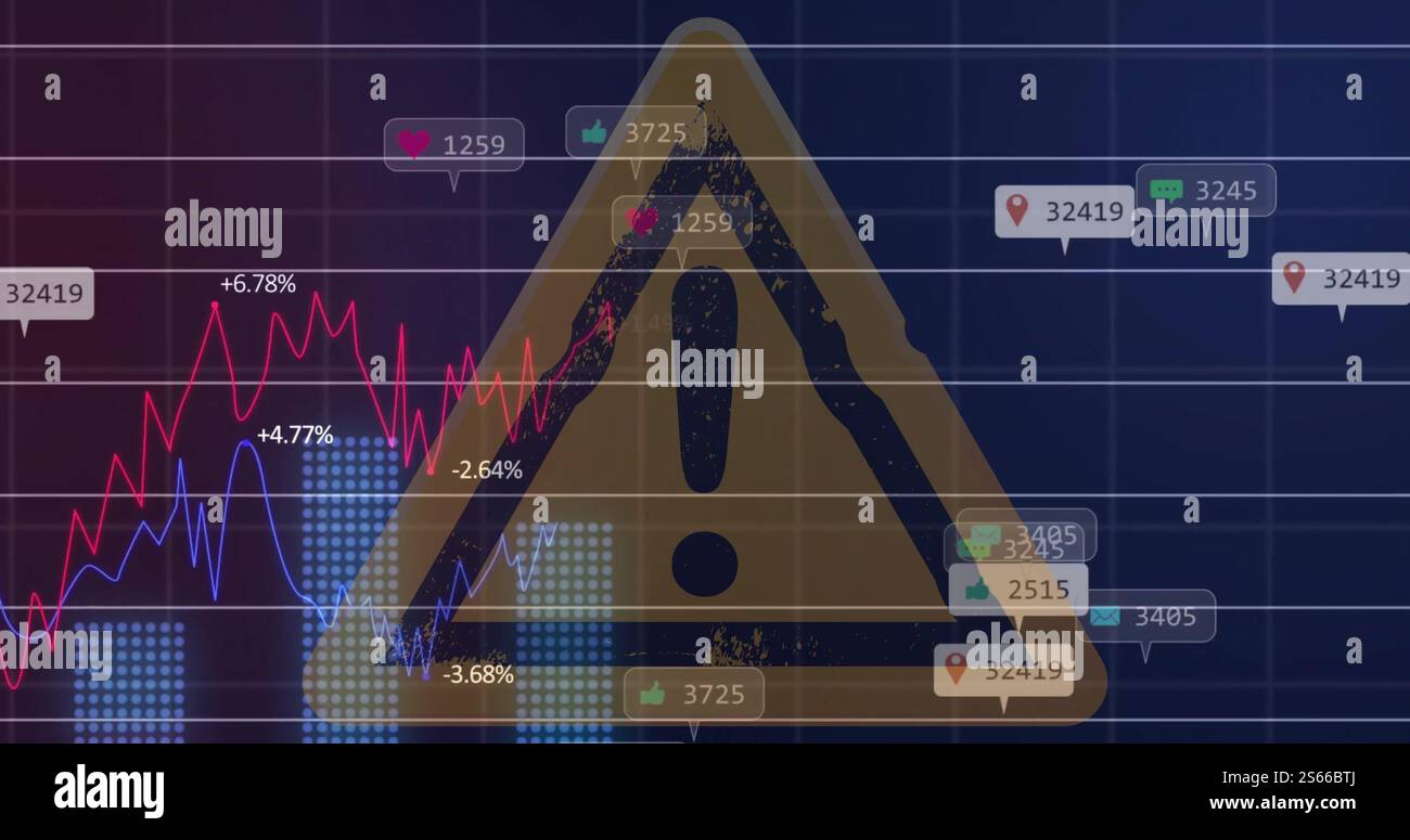 Image of financial data processing over exclamation mark on yellow ...