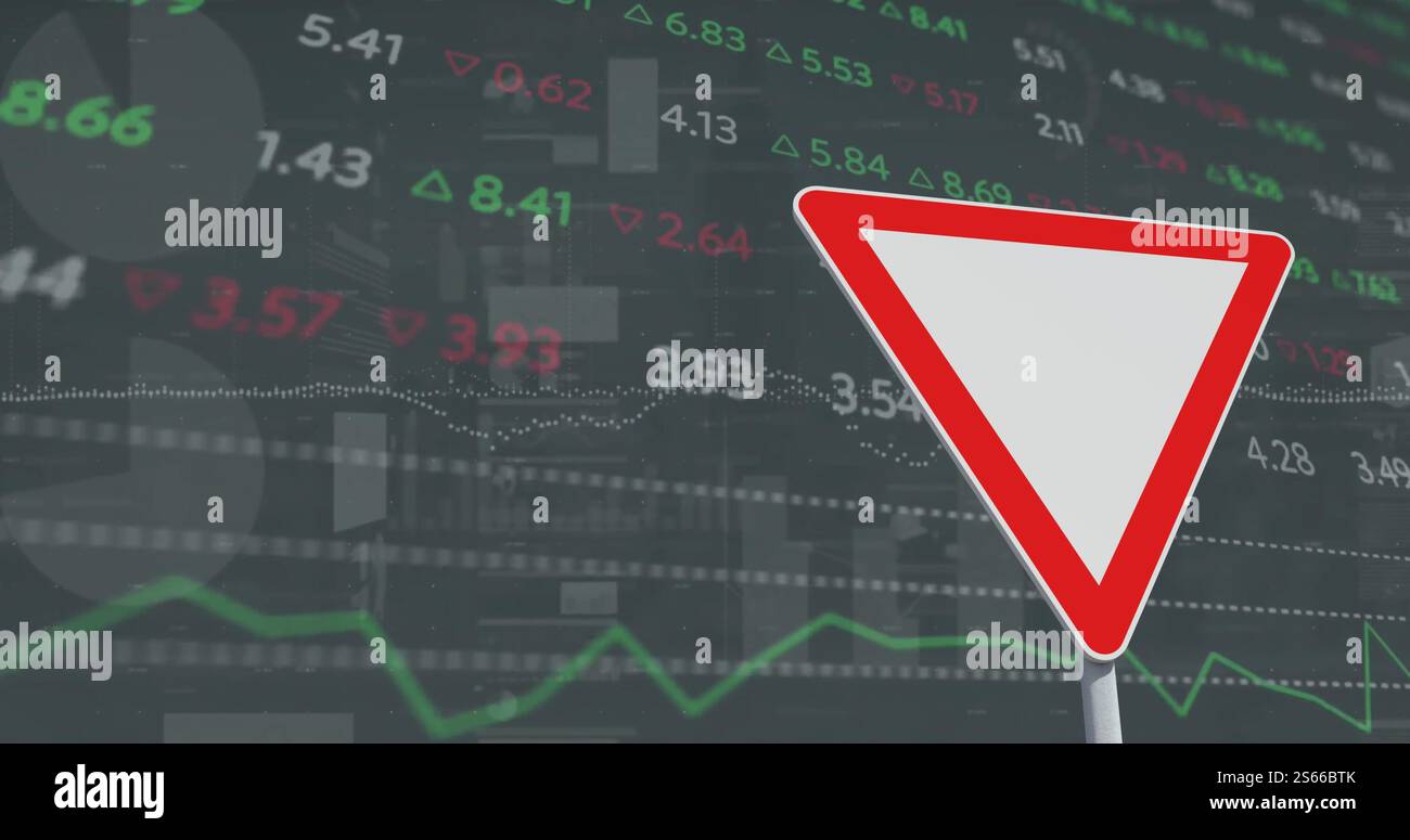 Image of financial data processing over no entry road sign and city ...