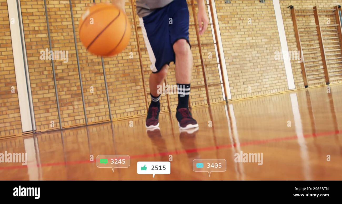 Image of social media notifications over caucasian male basketball ...