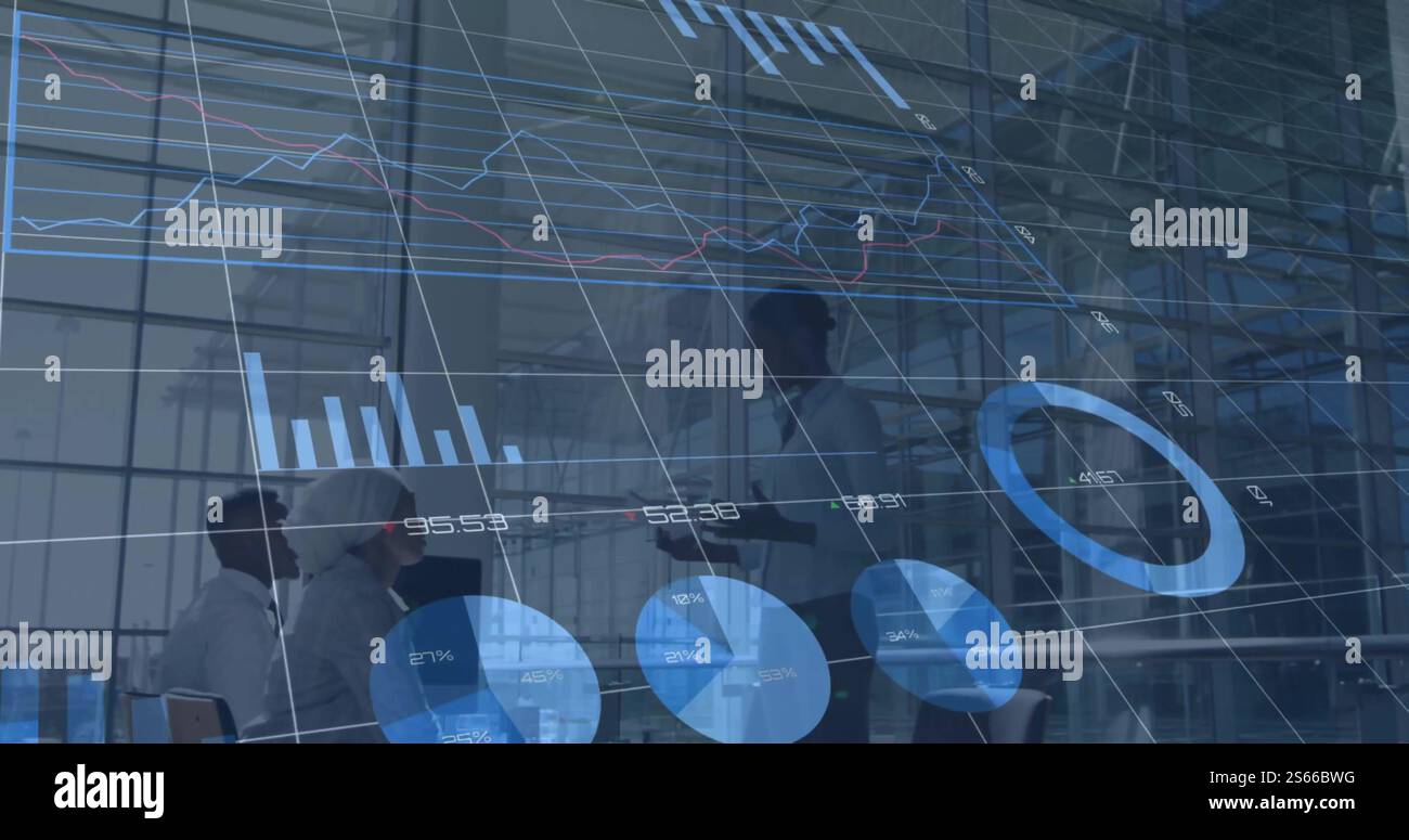 Image of data processing and diagrams over diverse business people ...