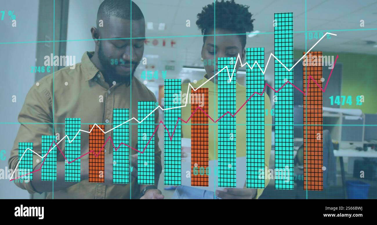 Image of data processing and diagrams over african american colleagues ...