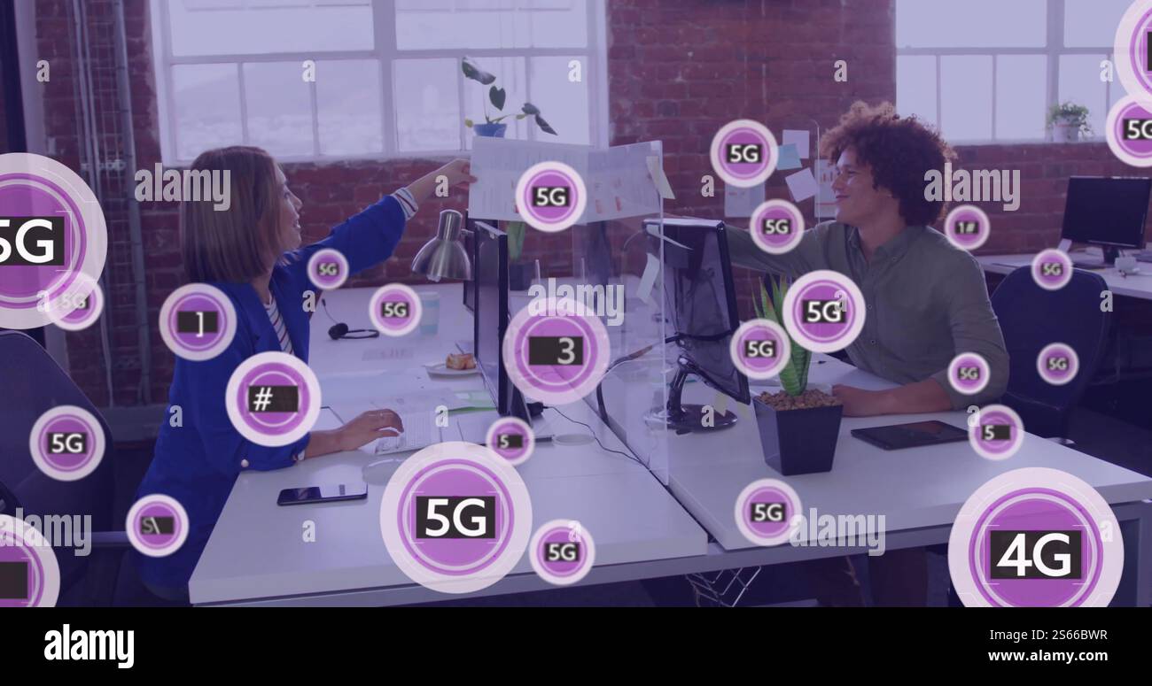 Image of network of 5g text and icons over diverse business people in ...