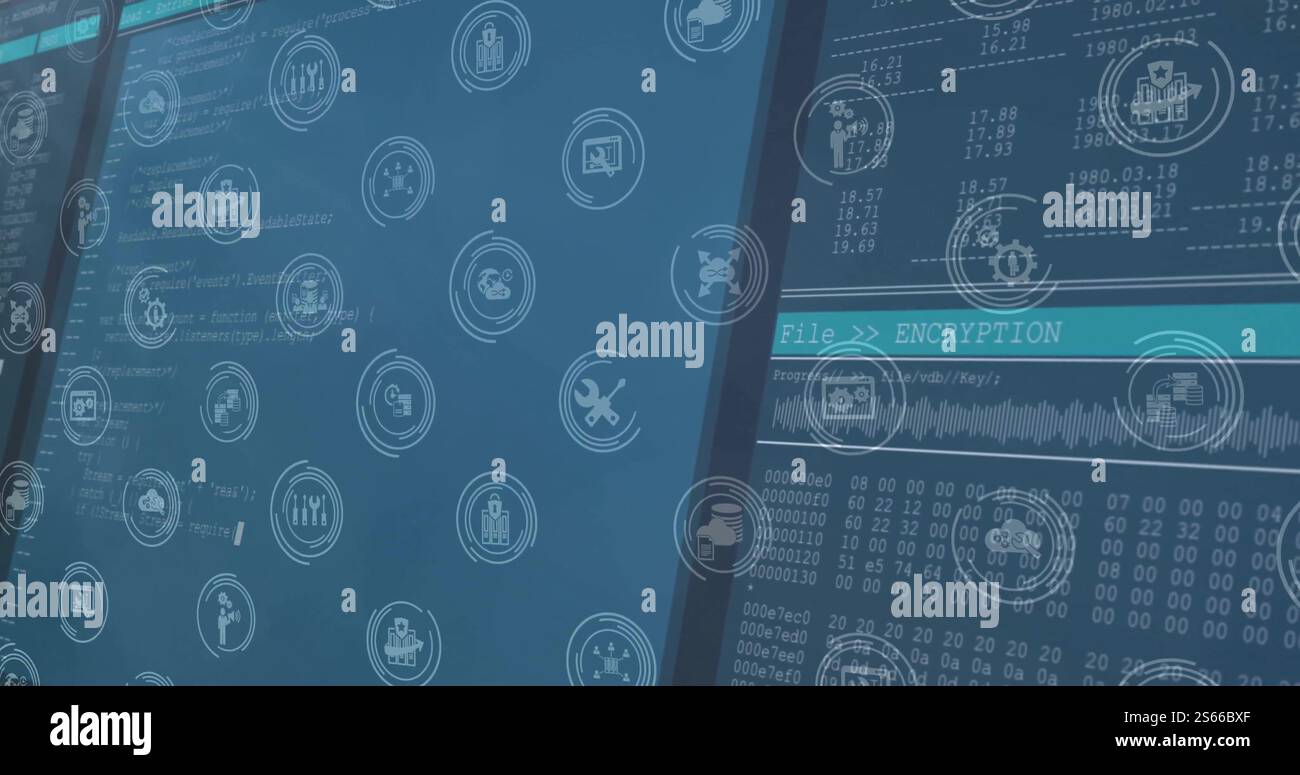 Image of data processing and business icons over digital screens Stock ...