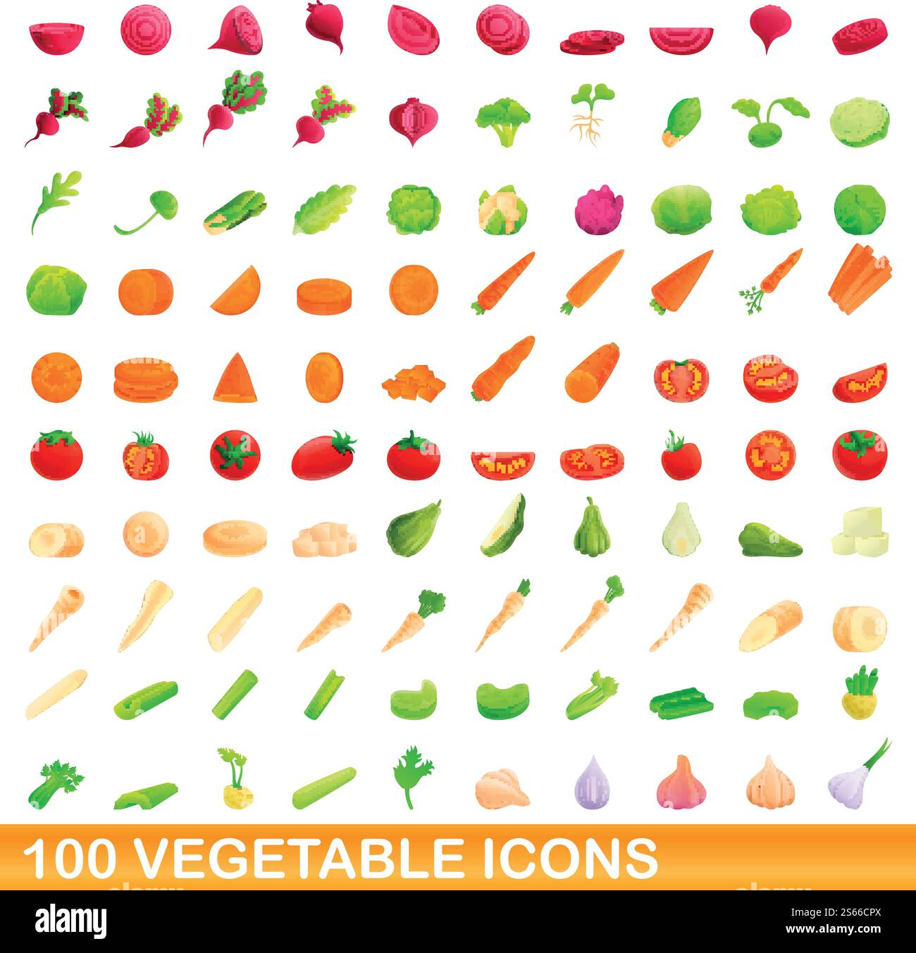 100 vegetable icons set. Cartoon illustration of 100 vegetable icons ...