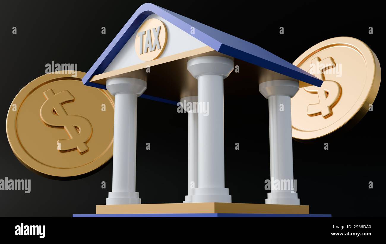 3D rendering of taxes, using a miniature building resembling a bank or ...