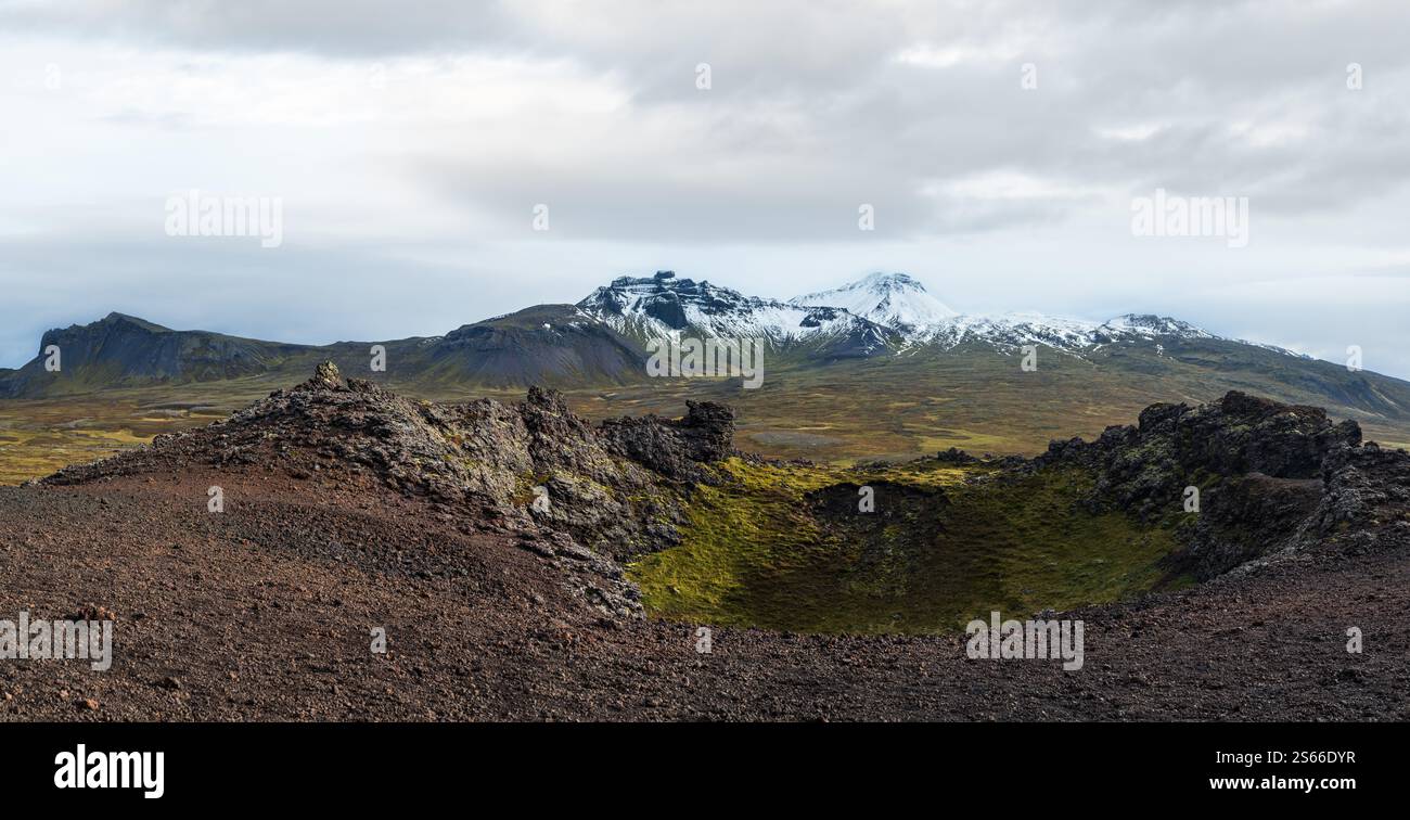 Spectacular volcanic view from Saxholl Crater, Snaefellsnes peninsula ...