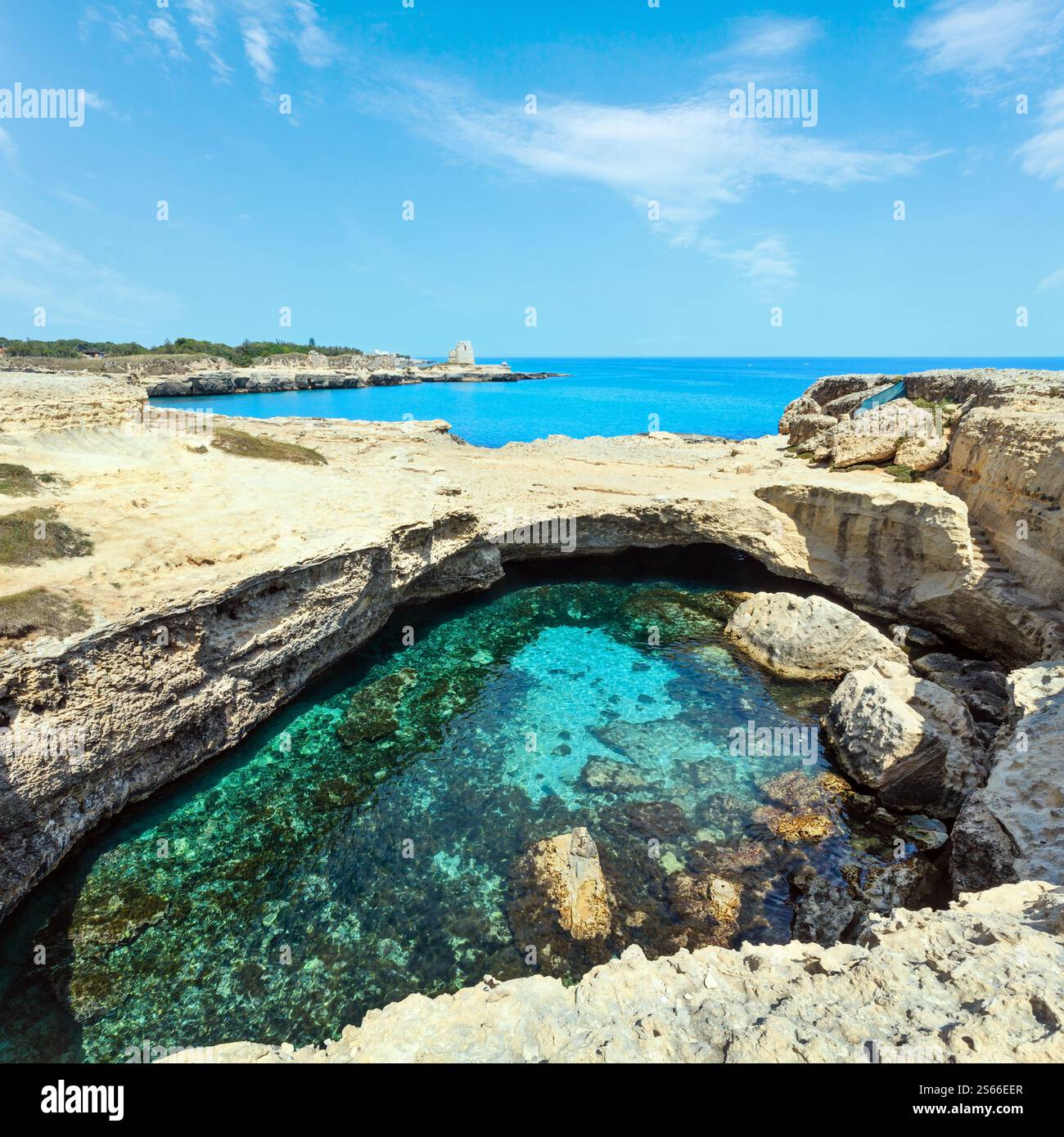 Picturesque seascape with white rocky cliffs, caves, sea bay and islets ...