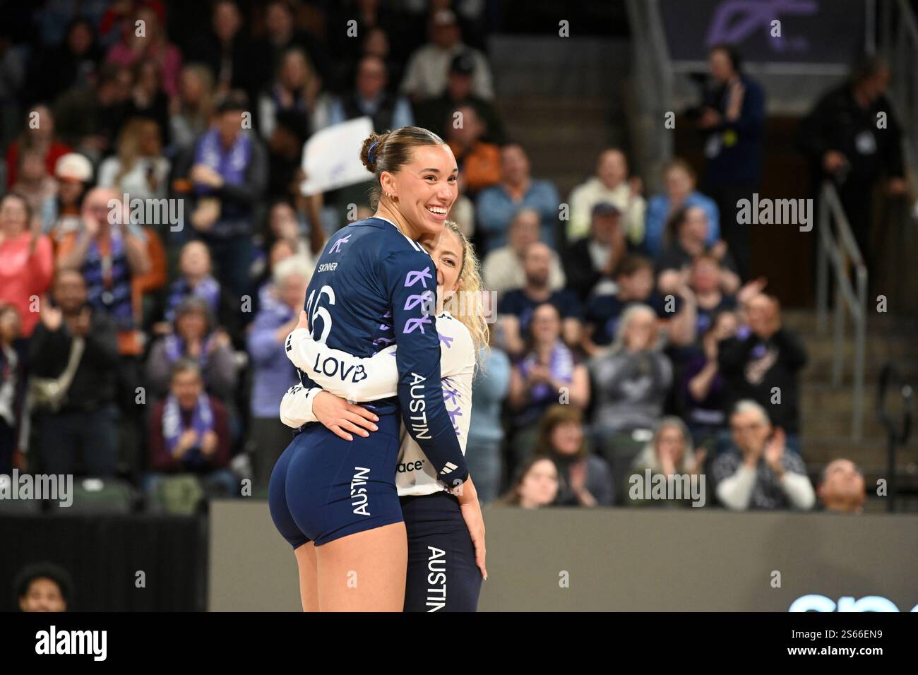 Cedar Park, TX - JANUARY 15: LOVB Austin opposite hitter Madisen Skinner hugs Zoe Jarvis after ...
