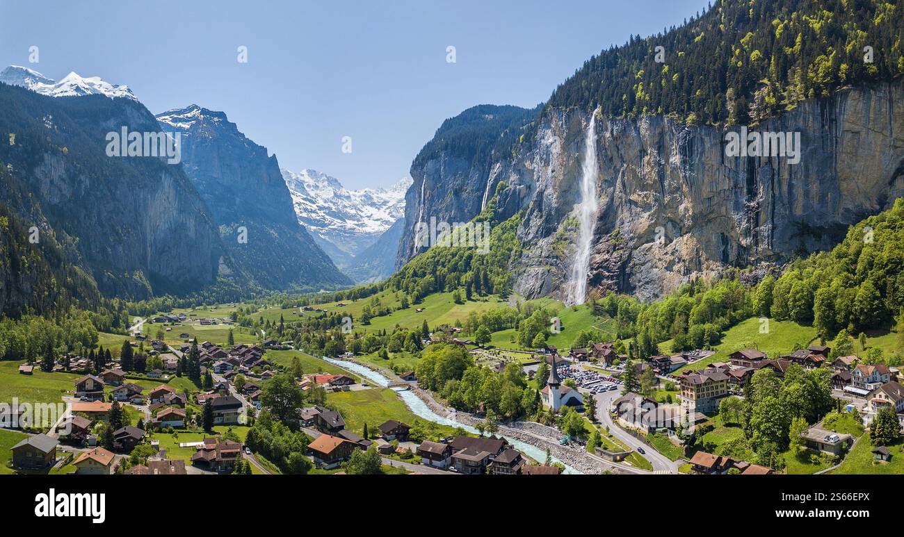 Aerial panorama image of the beautiful village Lauterbrunnen with ...