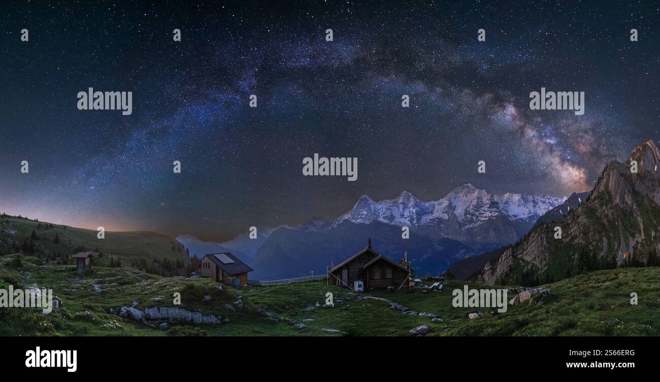 Milky Way and stars in night sky over the Swiss Alps at Lauterbrunnen ...