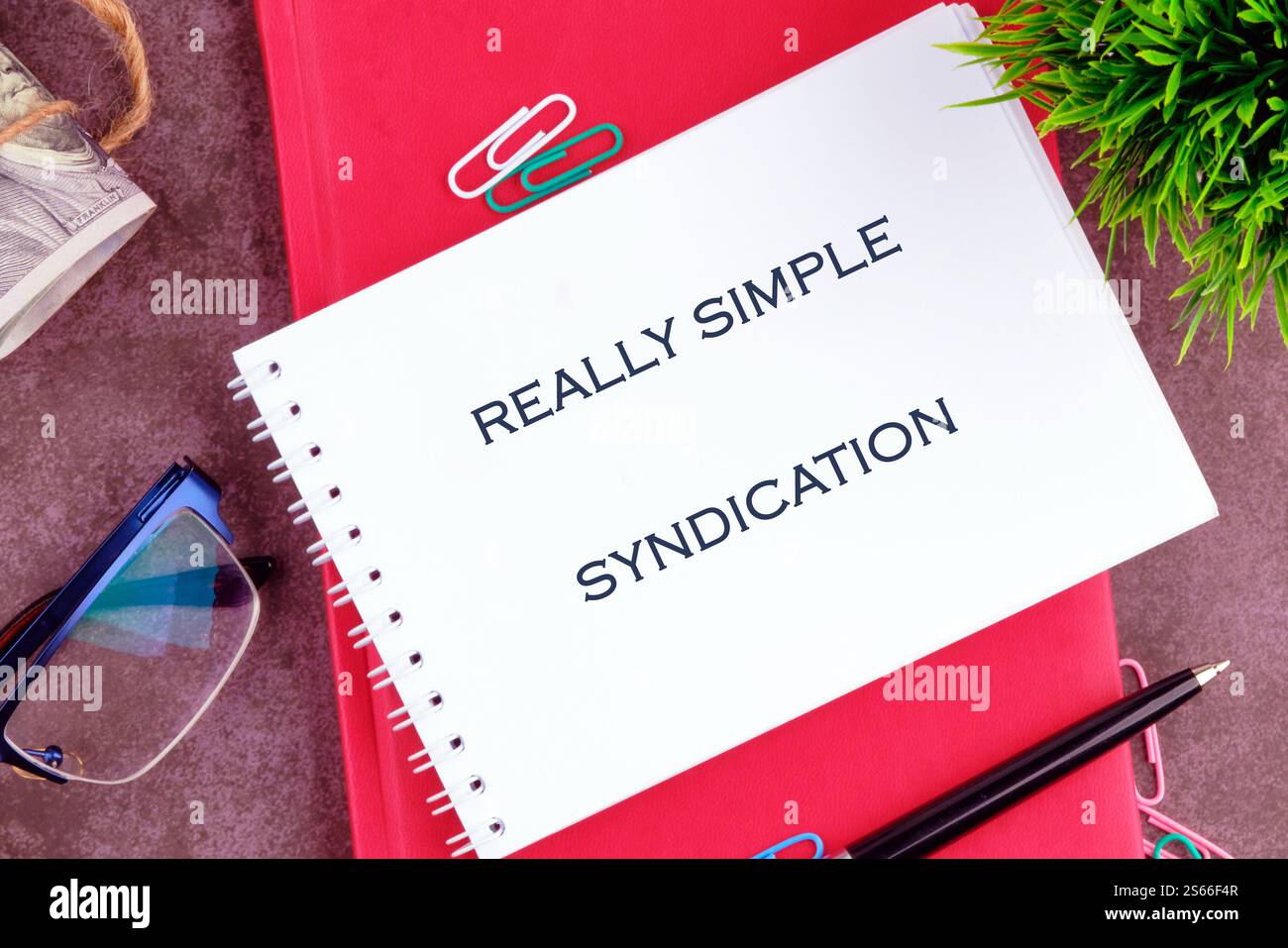 Text Really Simple Syndication reveals on a white notebook sheet Stock ...