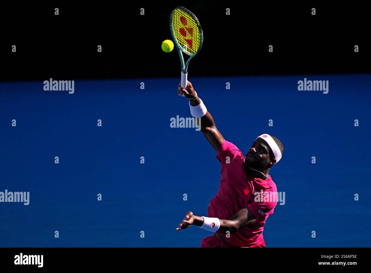 Frances Tiafoe of the U.S. plays a forehand return to Fabian Marozsan ...