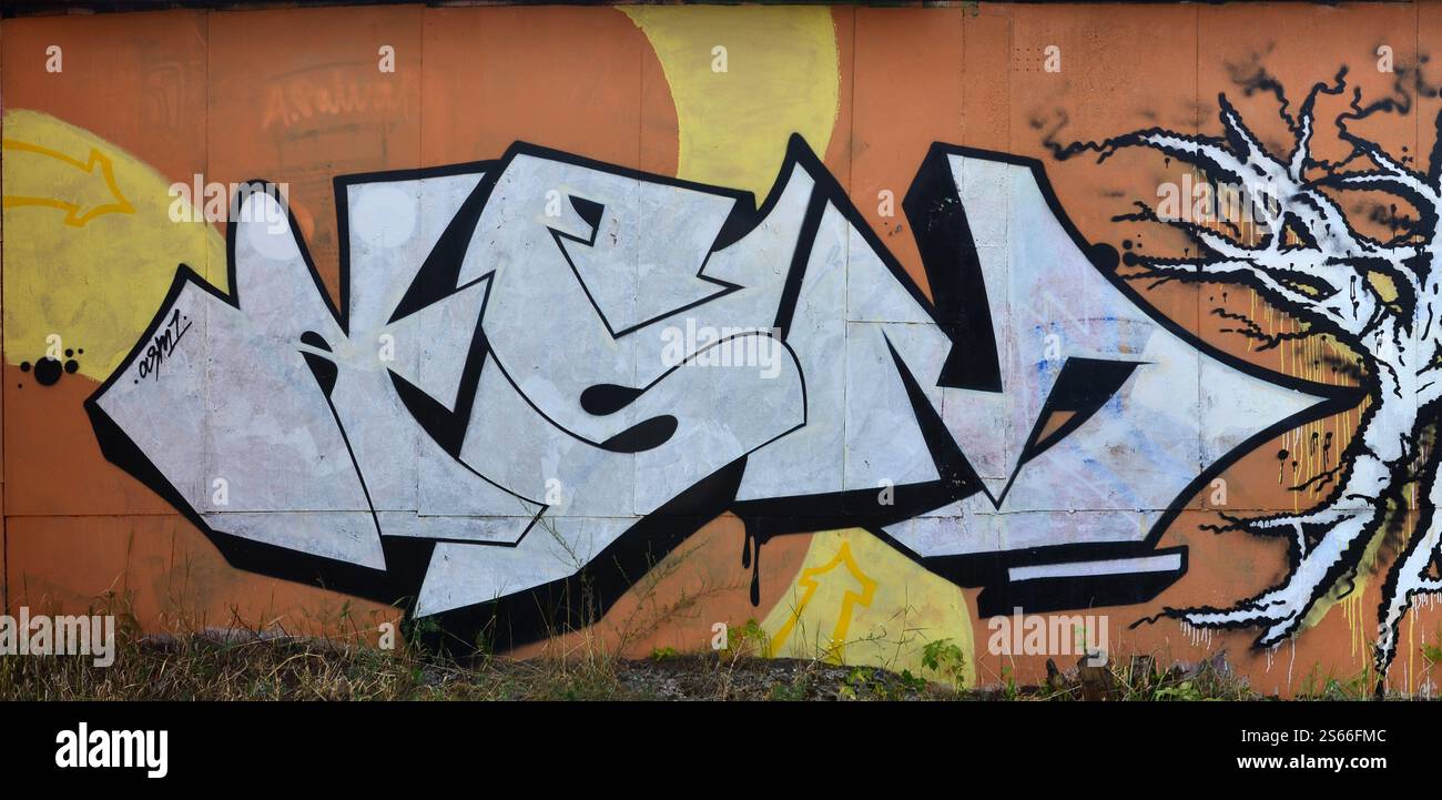 A photograph of a detailed wall artwork. Graffiti drawing is made with ...