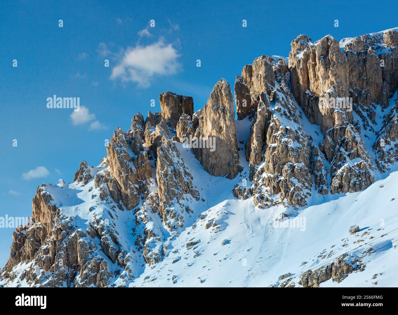 Beautiful winter mountain view from Pordoi Pass (pass in the Dolomites ...