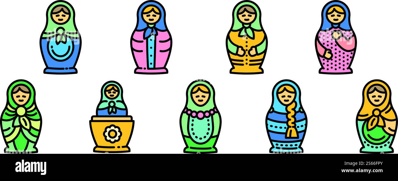 Nesting doll icons set. Outline set of nesting doll vector icons for ...