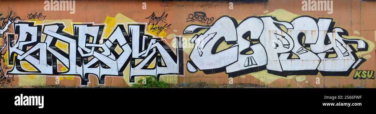 A photo of several graffiti artworks on the metal wall. Graffiti ...