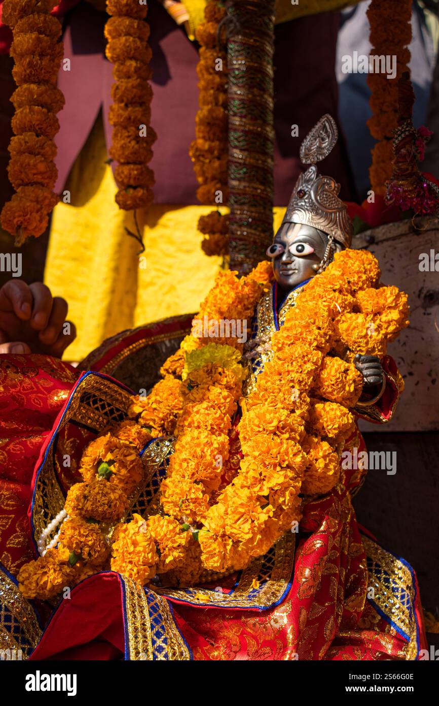 The Statue of Ram from Ram Temple is mounted on a decorated palanquin ...
