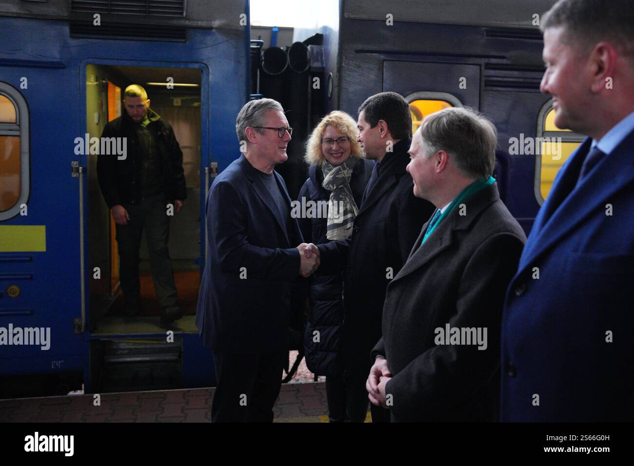 Prime Minister Sir Keir Starmer is greeted by Ukrainian officials and ...