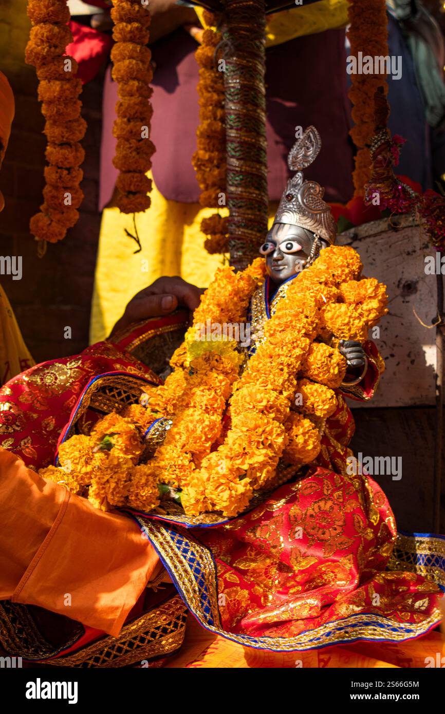Statue of Ram from Ram mandir mounted on decorated dola for the wedding ...