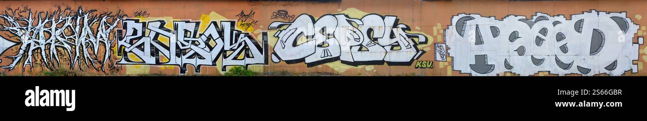 A photo of several graffiti artworks on the metal wall. Graffiti ...