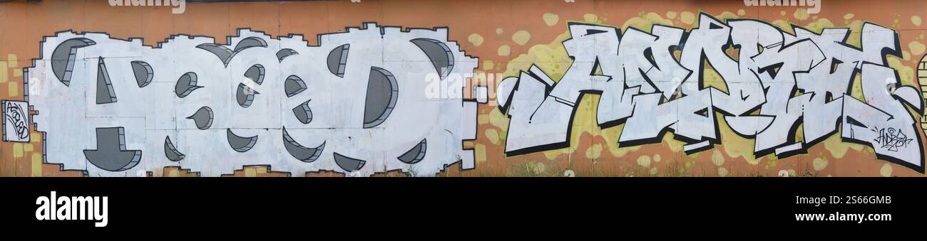 A photo of several graffiti artworks on the metal wall. Graffiti ...