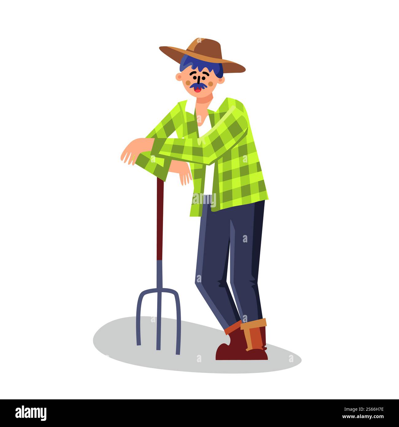 Farmer Standing With Pitchfork Equipment Vector. Farmer Gardener Man ...