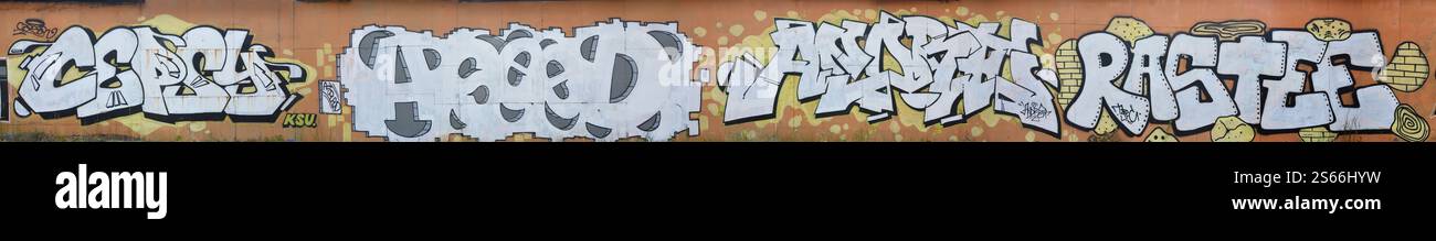 A photo of several graffiti artworks on the metal wall. Graffiti ...