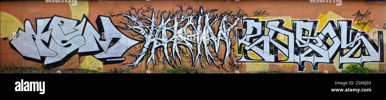 A photo of several graffiti artworks on the metal wall. Graffiti ...