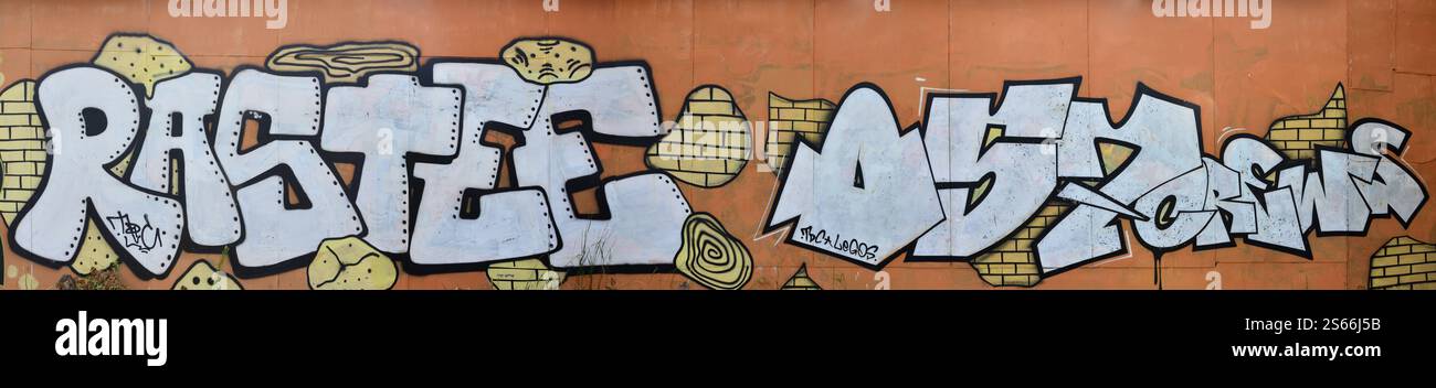 A photo of several graffiti artworks on the metal wall. Graffiti ...