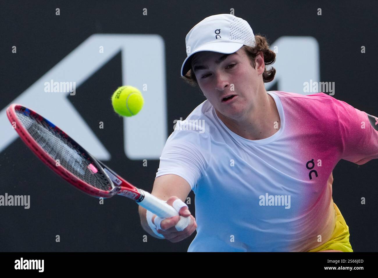 Joao Fonseca of Brazil plays a forehand return to Lorenzo Sonego of ...
