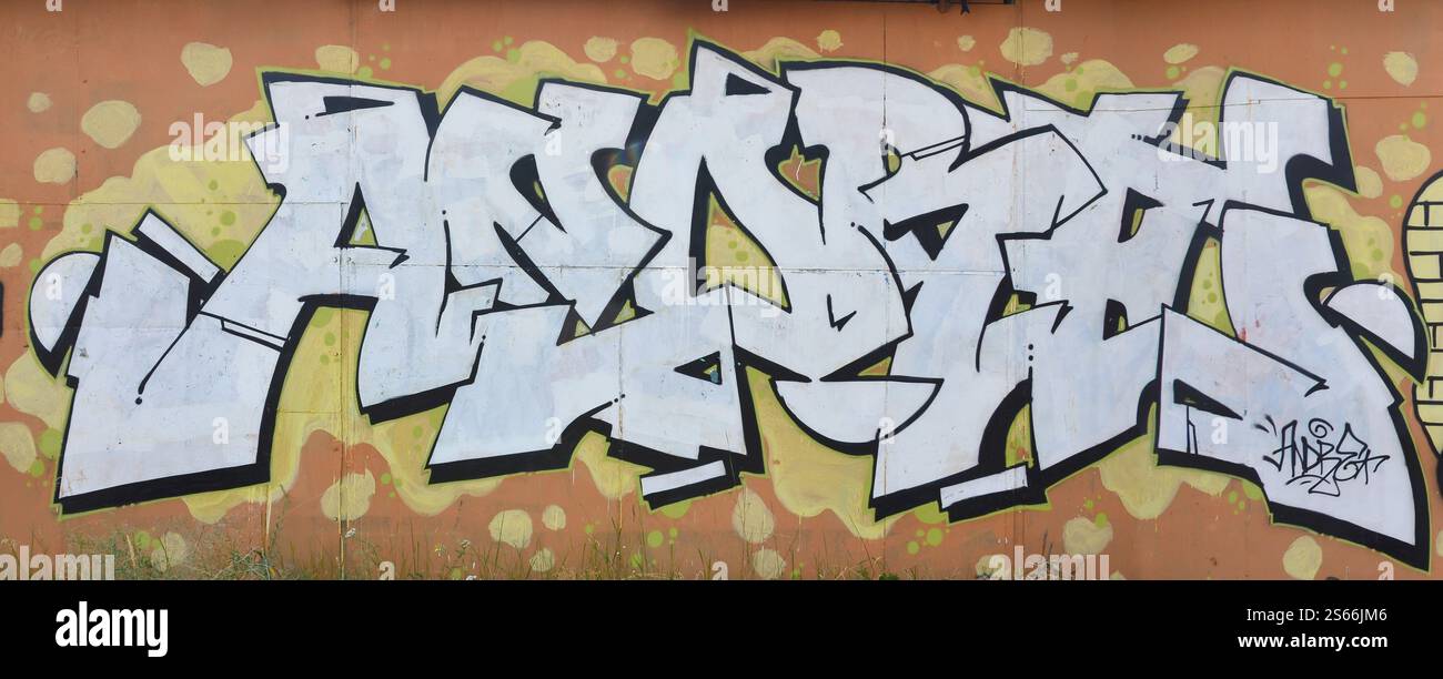 A photograph of a detailed wall artwork. Graffiti drawing is made with ...