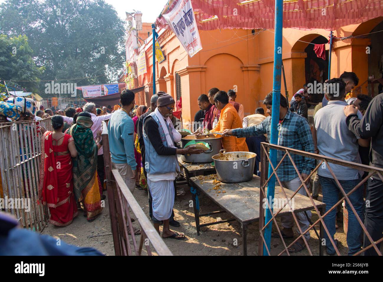 Pilgrims line up for the free food, Bhandara on the Bibaha Panchami day ...