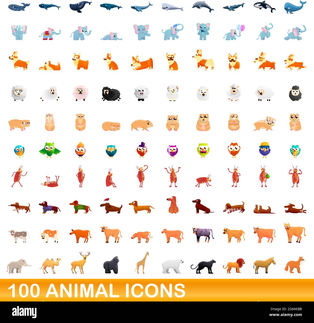 100 animal icons set. Cartoon illustration of 100 animal icons vector ...
