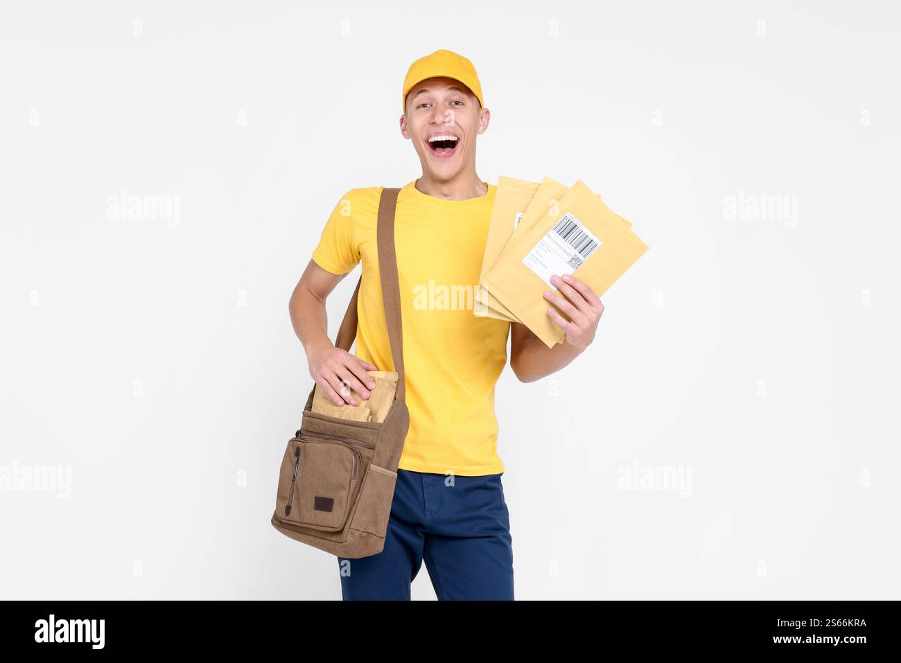 Happy postman with bag and envelopes on white background Stock Photo ...