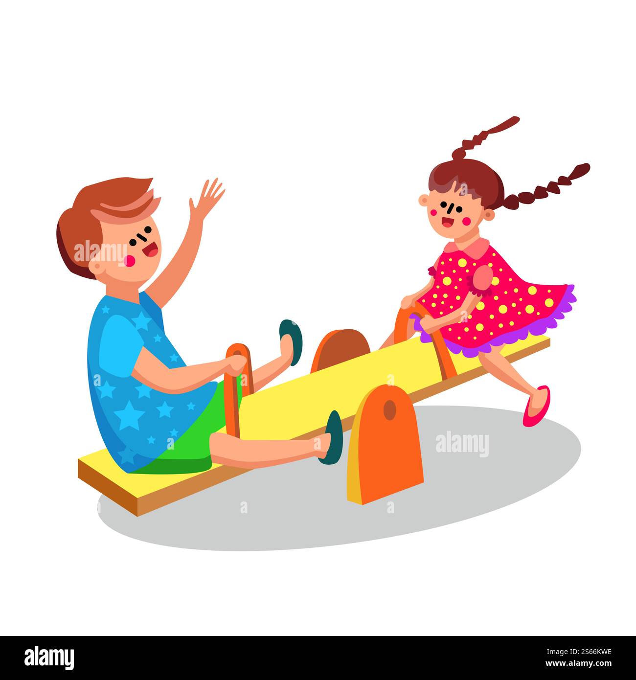 Children Playing On Seesaw Teeterboard Vector. Kids Play On Wooden ...