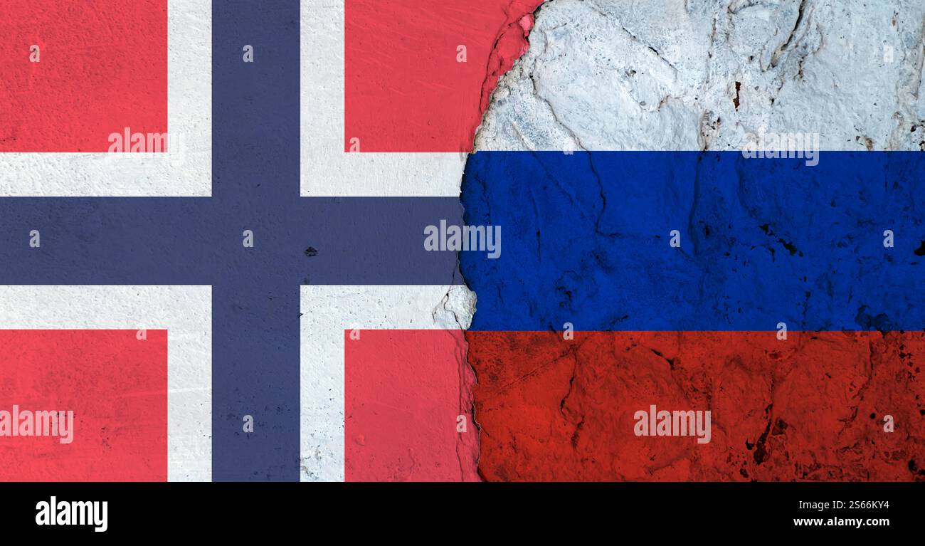 Norway and Russia conflict. Norwegian and Russian country flags on ...