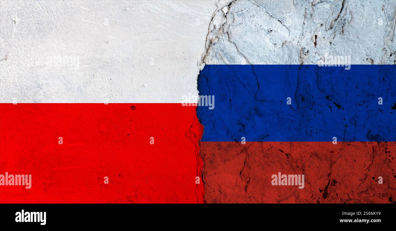 Poland and Russia conflict. Polish and Russian country flags on broken ...