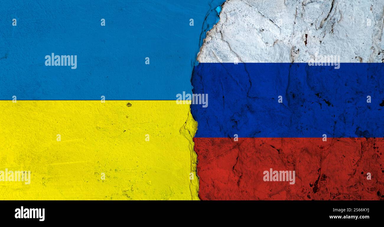 Ukraine and Russia conflict. Ukranian and Russian country flags on ...