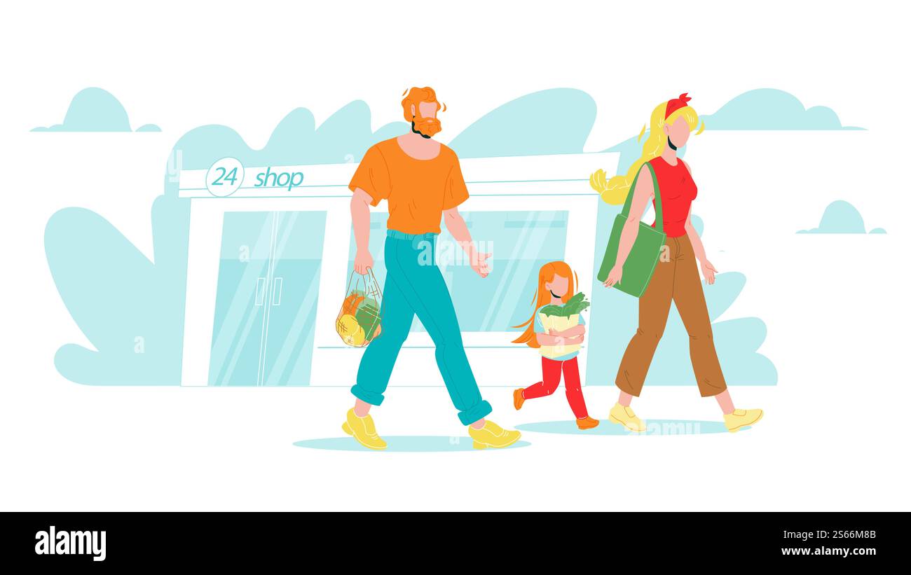 Family With Groceries In Zero Waste Bag Black Line Pencil Drawing ...