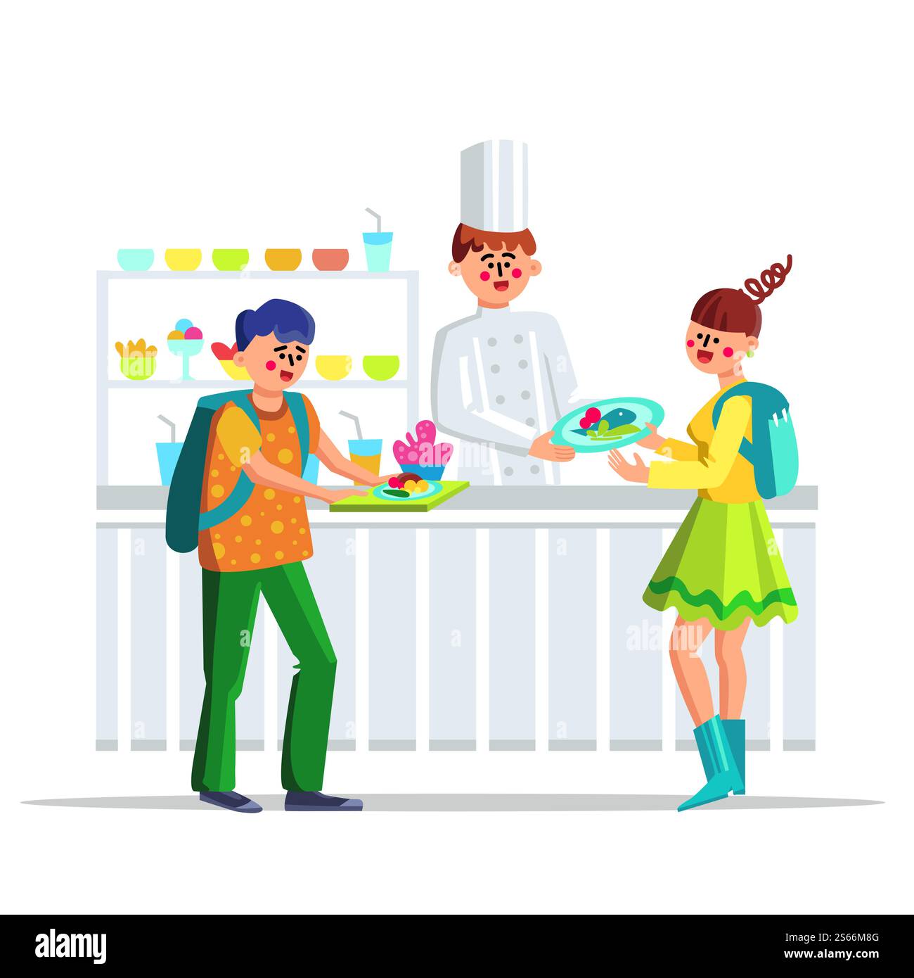 Children Lunch In School Canteen Cafeteria Vector. Happy Smiling ...