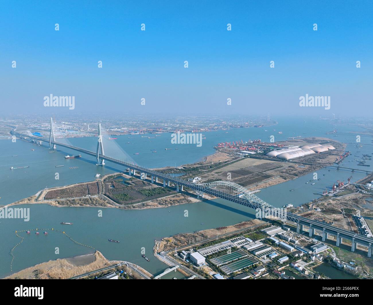 Aerial photo shows the construction site of Changtai Yangtze River ...