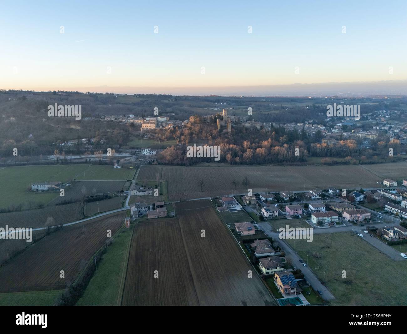 Aerial view of the Rocca Viscontea, a medieval fortress, standing on a ...